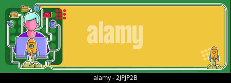 Illustration With Man Typing New Ideas On Lap Top With Rockets In ...