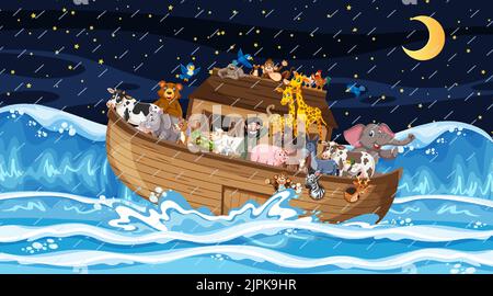Ocean scene with Noah's ark with animals illustration Stock Vector ...