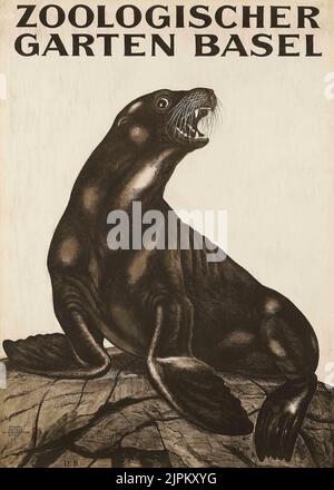 Vintage poster for the Basel Zoo, with a seal alone on a rock, waiting ...