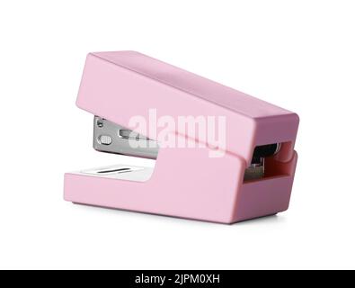 Modern pink stapler on white background Stock Photo - Alamy