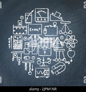 Science round poster on chalkboard. Banner with scientific elements ...