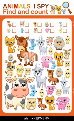 Farm animals. I spy game worksheet. Child object finding and counting ...