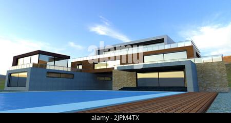 Facade cladding with wood. Modern country house. Wonderful terrace with ...