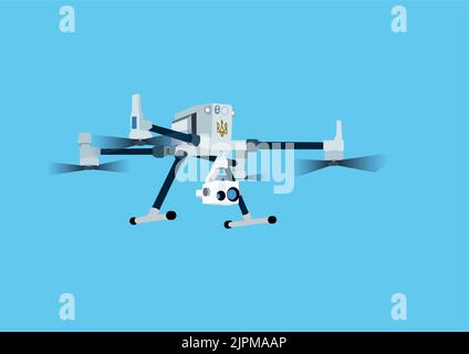 illustration of cartoon military drone with Ukrainian trident symbol ...