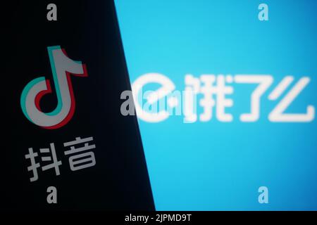 HANGZHOU, CHINA - AUGUST 19, 2022 - Logos of Eleme and Tiktok are seen ...