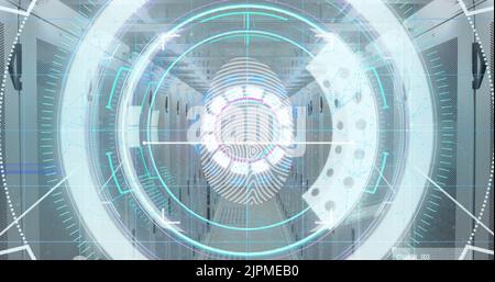 Image of scope scanning and biometric fingerprint over computer servers ...