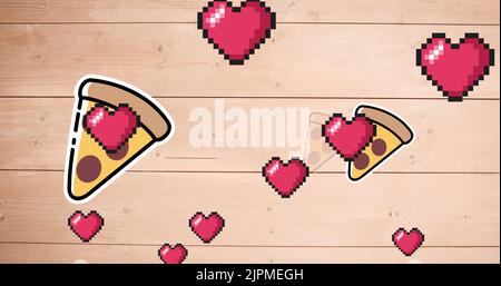Multiple red heart floating and pizza slice icons spinning against ...