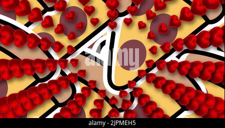 Multiple red heart forming heart shape against multiple pizza slice ...