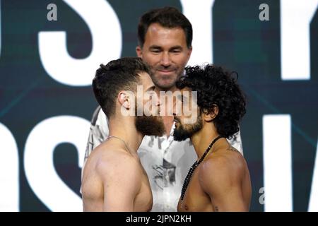 Bader Samreen (left) and Fuad Tarverdi with boxing promotor Eddie Hearn ...