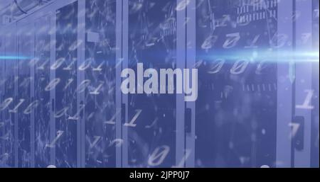 Image of binary coding numbers changing over tech room with computer ...