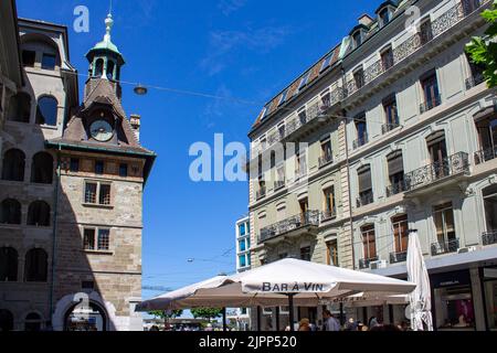 The Geneva Molard clock Tower in downtown Geneva, Switzerland Stock ...