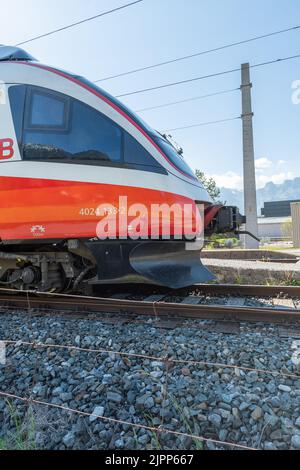 Nendeln, Liechtenstein, April 28, 2022 Local train from Austria is ...