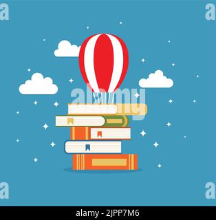 Stack of books with air balloon. Fantasy, fairy tale. Imagination and ...