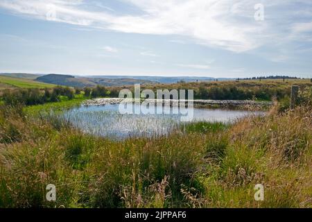 Pool of water tarn on hilltop in agricultural farming landscape summer ...
