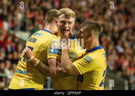Connor Barley #38 of Hull KR celebrates his try with Ryan Hall #5 Stock ...
