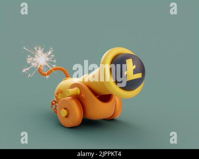 A 3D rendering of an orange-yellow cannon wheels siege attack defense ...