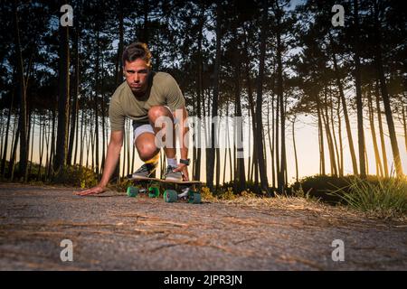 Surf skater rolling by the pine forest at sunset with his surfboard in ...