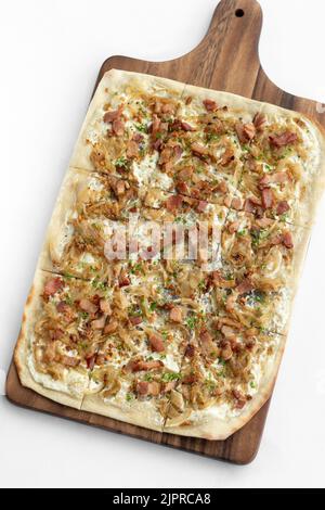 Flammkuchen tarte flambee rectangular pizza with bacon and chicken on ...