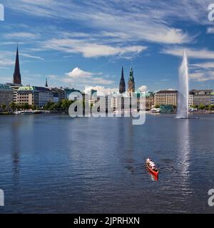 Inner Alster Lake with Alsterfontaine and city skyline, Hamburg ...