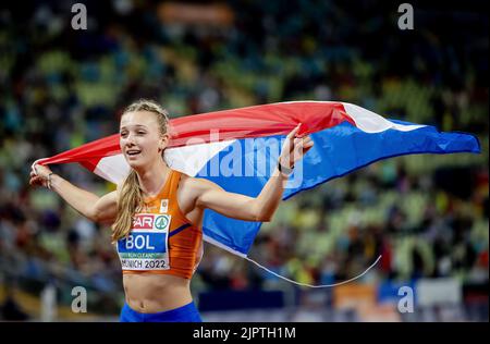 MUNICH - Femke Bol celebrates the victory in the final 400 meters ...