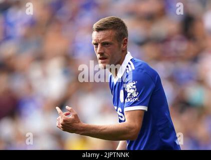 Jamie Vardy of Leicester City gestures during the Premier League match ...