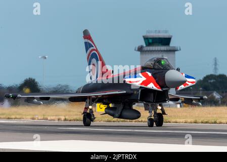 A Typhoon fighter jet painted in the Battle of Britain era paint scheme ...