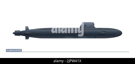 Strategic submarine is in a side view that is isolated on a white ...