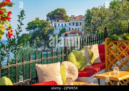 View of restaurant overlooking Skiathos Town, Skiathos Island, Sporades ...