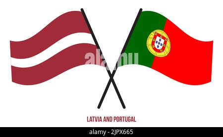 Latvia and Portugal flag waving together in the wind on blue sky, two ...