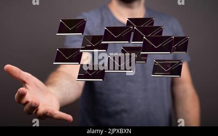 A man's hand interacting with many of emails, 3d render Stock Photo - Alamy