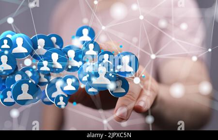 A 3d render of many of online connected users on a tablet in a hand ...