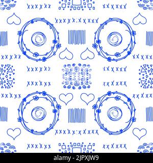 Seamless repeat pattern of doodles in the form of hearts, crosses and ...