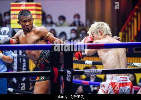 Kota Miura (R) of Japan Buakaw Banchamek of Thailand and seen in action ...