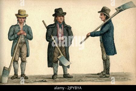 Three farm labourers waiting to be hired for work Stock Photo - Alamy