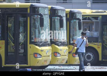 Tianjin explosion destroyed buses (2 Stock Photo - Alamy