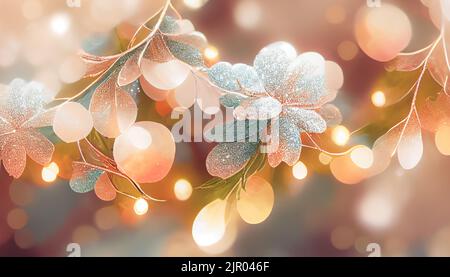 Sparkles glitter on branches in a pattern. Light silver blur background ...