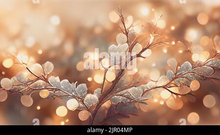 Sparkles glitter on branches in a pattern. Light silver blur background ...