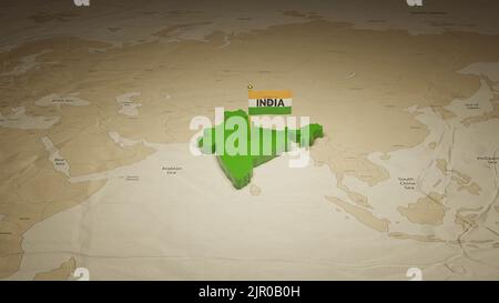3D map of India. Map of India land border with flag. India map on white ...