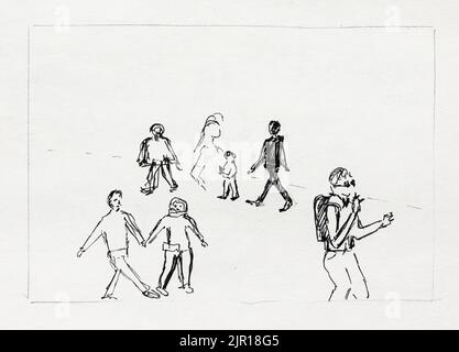 hand-drawn groups of walking people by black pen and color pencils on ...