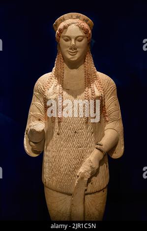 Sculpture of a maiden (kore) in marble with pigments of various colours ...