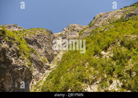 A high angle shot of a mossy cliff over water in North Berwick ...