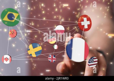 Interconnected network of international flag icons- global cooperation ...