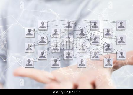 A 3d rendering of floating connected profile icons on a palm of a hand Stock Photo - Alamy