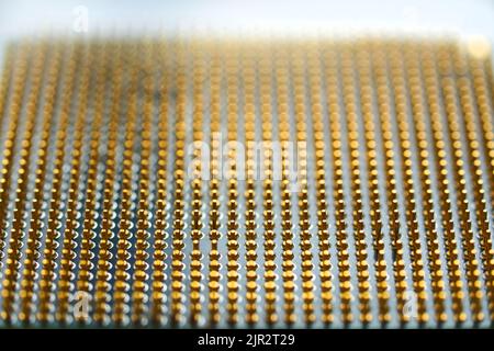 Microprocessor on white background. golden pins facing up. The concept ...