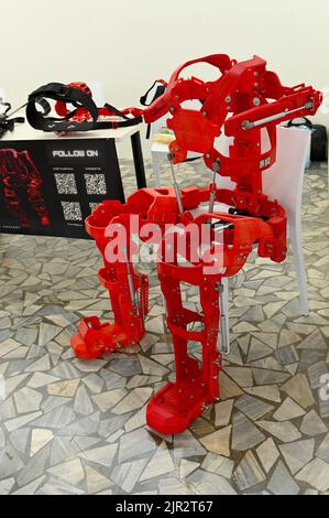 A vertical shot of a 3D printed exoskeleton modular concept prototype ...