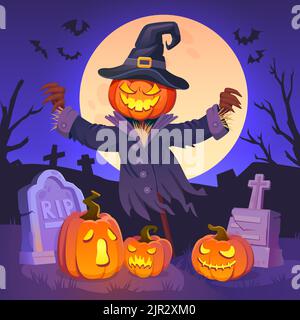 Scarecrow character Halloween at the cemetery with a Jack O Lantern ...