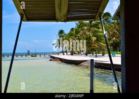 The view from inside a palapa hut of the water, a pier, and some ...