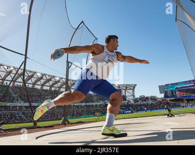 Alex Rose of Samoa competing in the men’s discus heats at Hayward Field ...