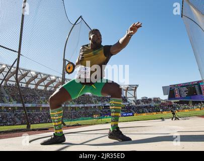 Chad Wright of Jamaica competing in the men’s discus heats at Hayward ...