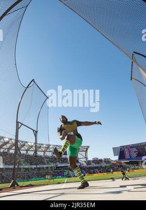 Chad Wright of Jamaica competing in the men’s discus heats at Hayward ...